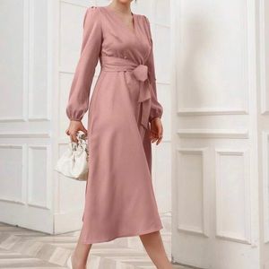 Dresses | Solid Belted Wrap Detail Aline Dress | Poshmark